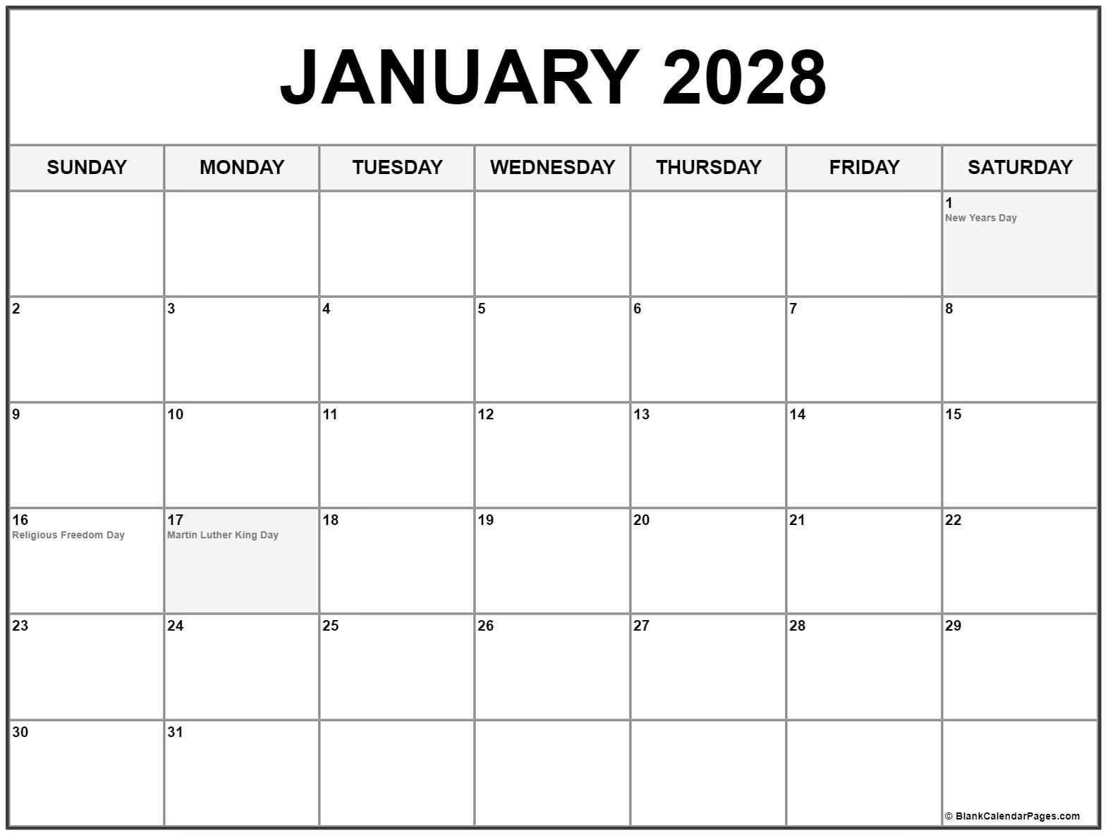 January 2028 with holidays calendar