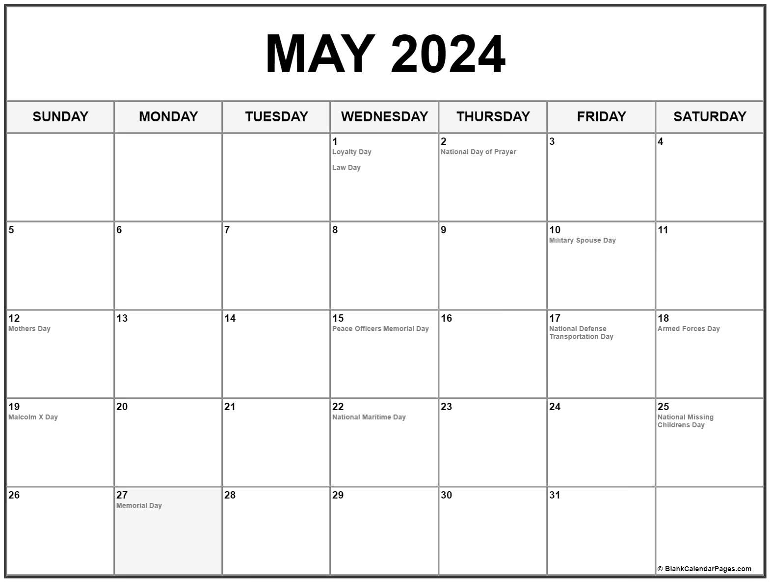 May 2024 With Holidays Calendar
