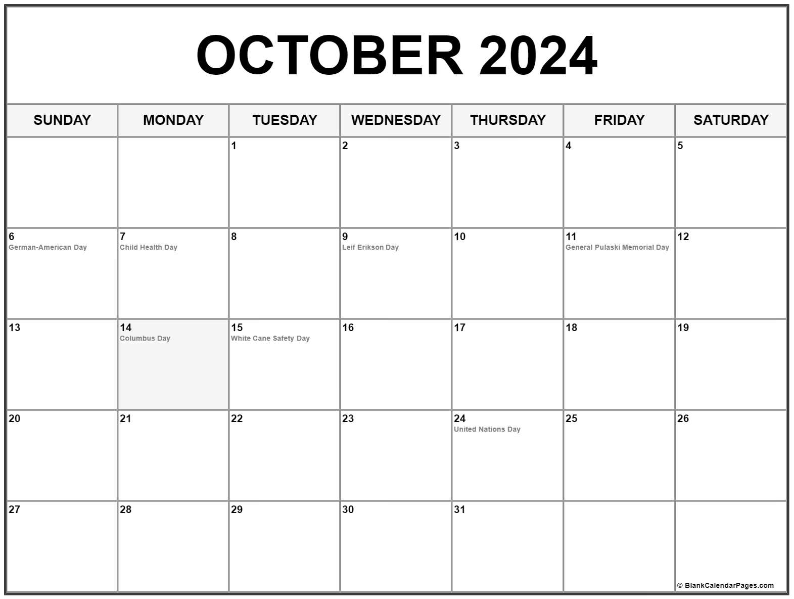 October 2024 With Holidays Calendar