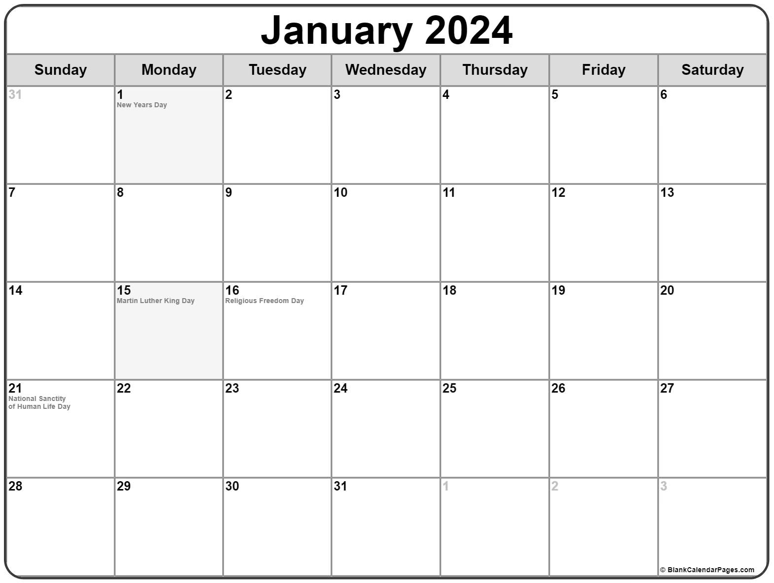 January 2024 Calendar Printable Printable Blank World