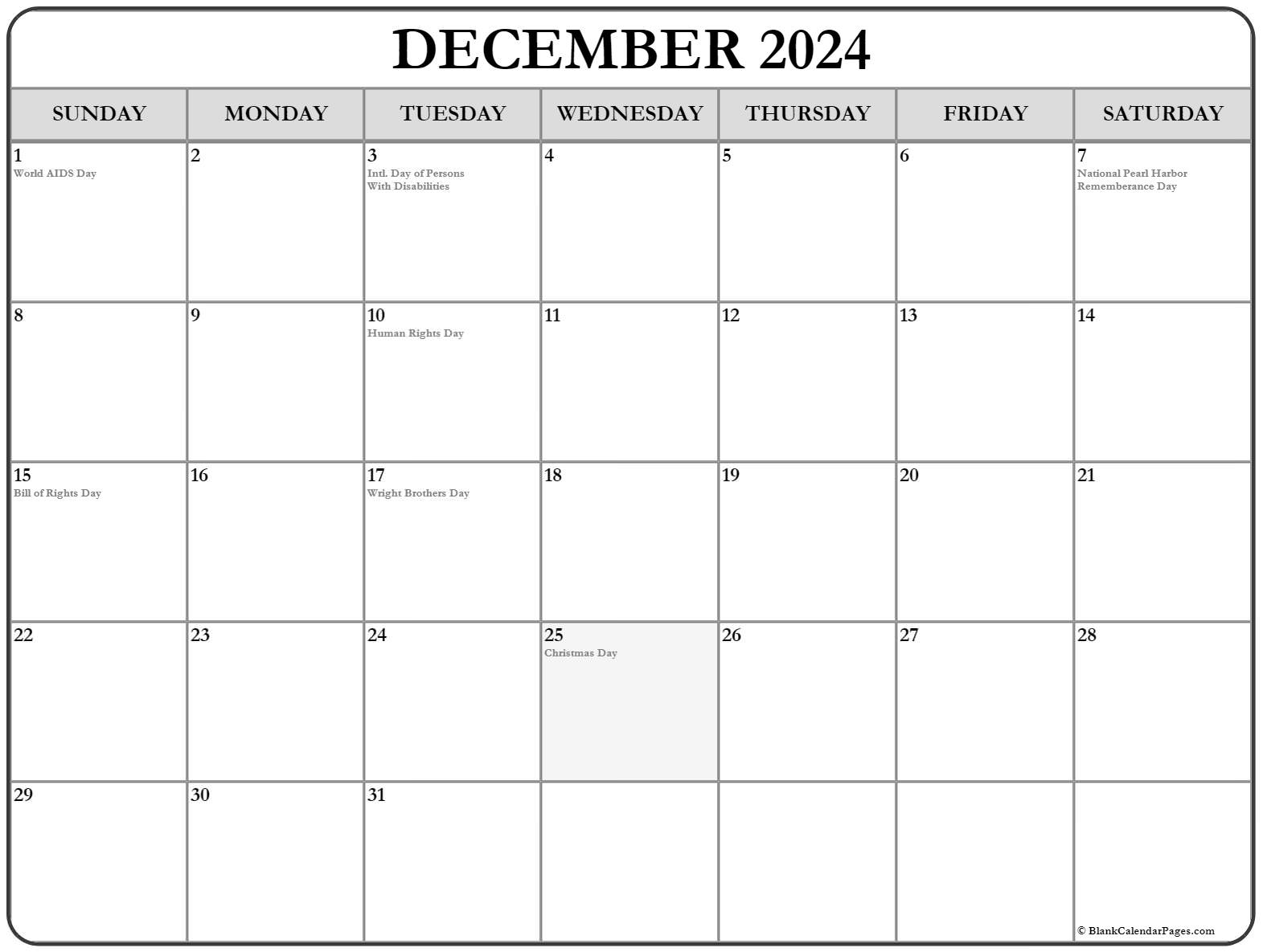 December 2024 With Holidays Calendar