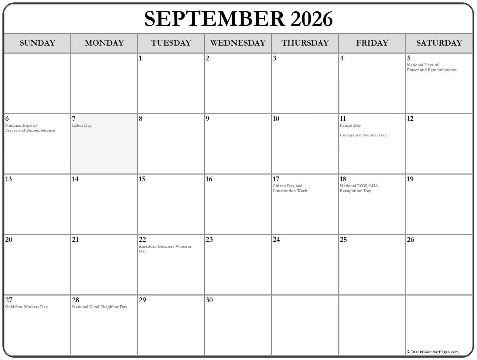 September 2022 With Holidays Calendar September 2022 With Holidays Calendar