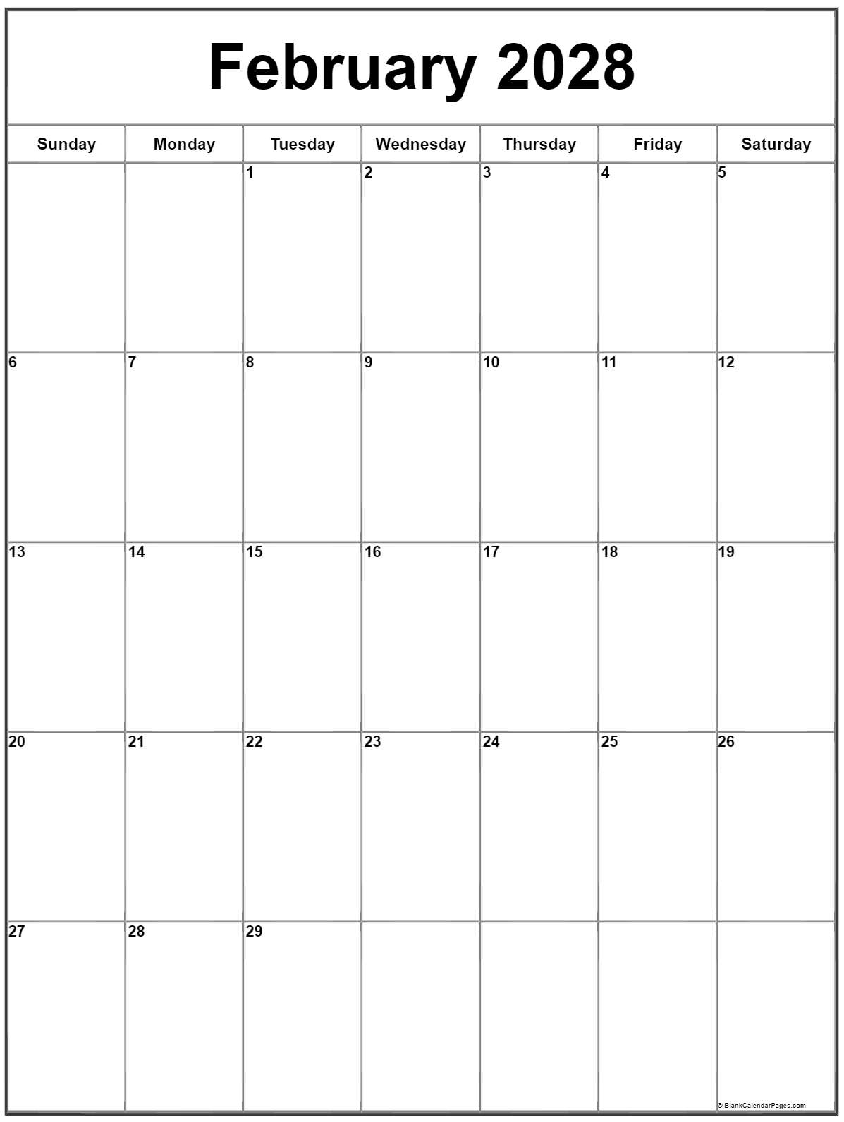 February 2028 Vertical Calendar | Portrait