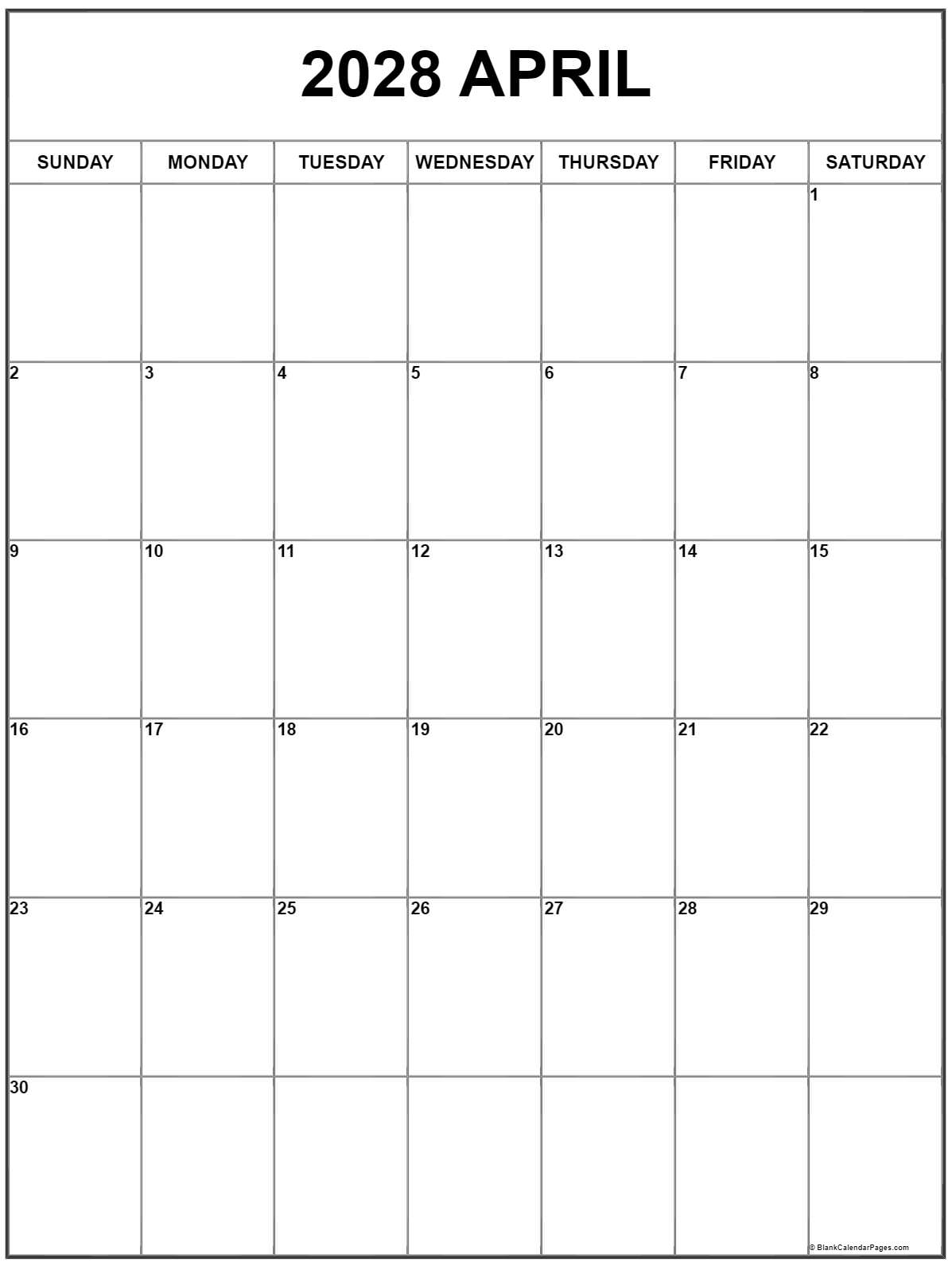 April 2028 Vertical Calendar | Portrait