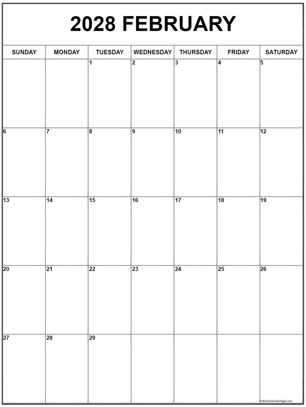 February 2028 Vertical Calendar | Portrait