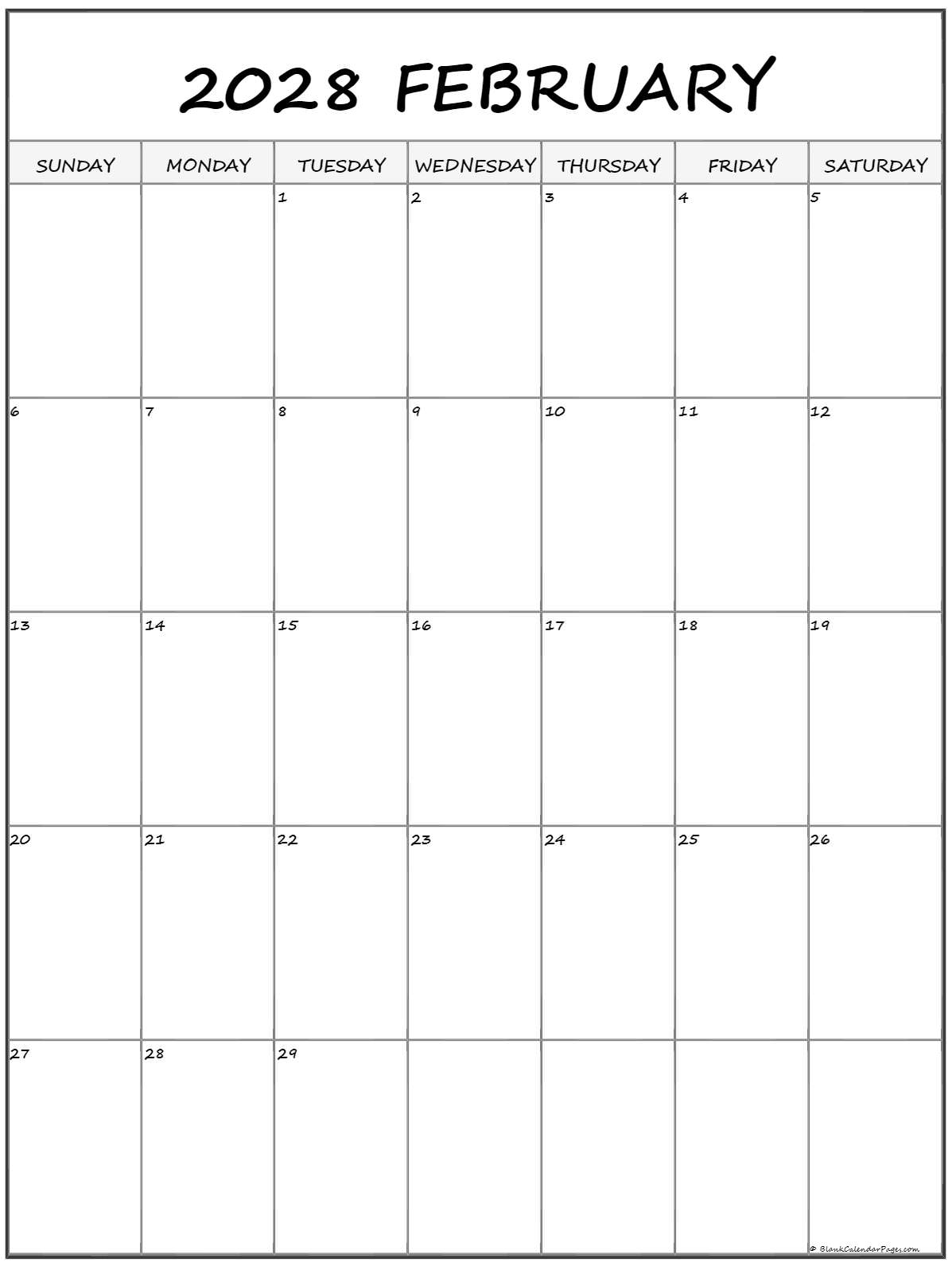 February 2028 Vertical Calendar | Portrait
