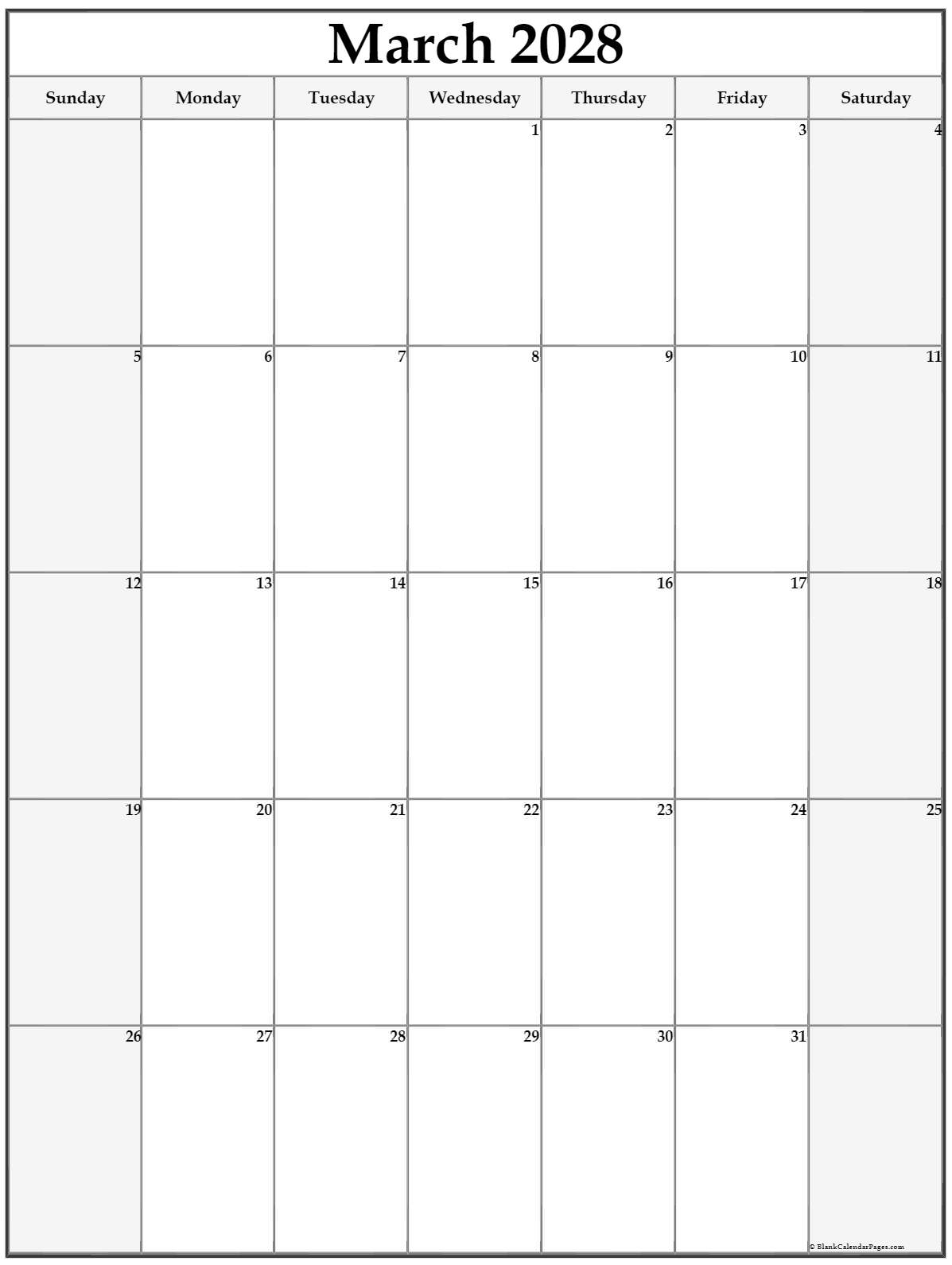 March 2028 Vertical Calendar | Portrait