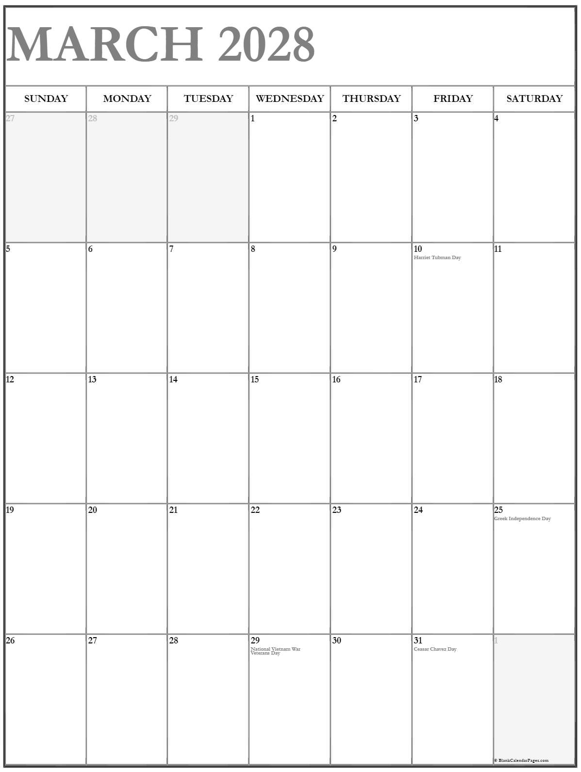 March 2028 Vertical Calendar | Portrait