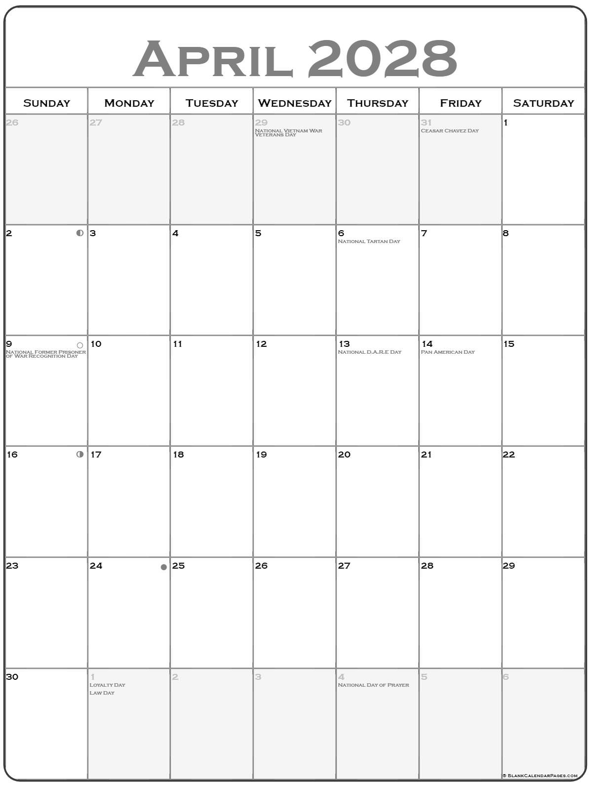 April 2028 Vertical Calendar | Portrait