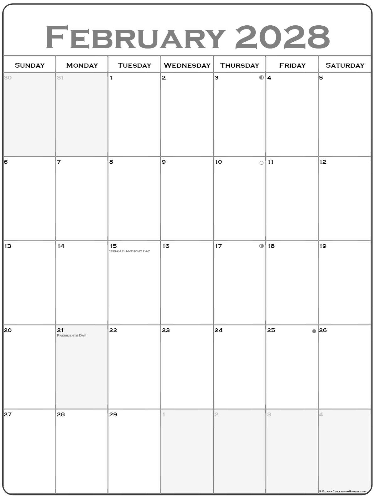 February 2028 Vertical Calendar | Portrait