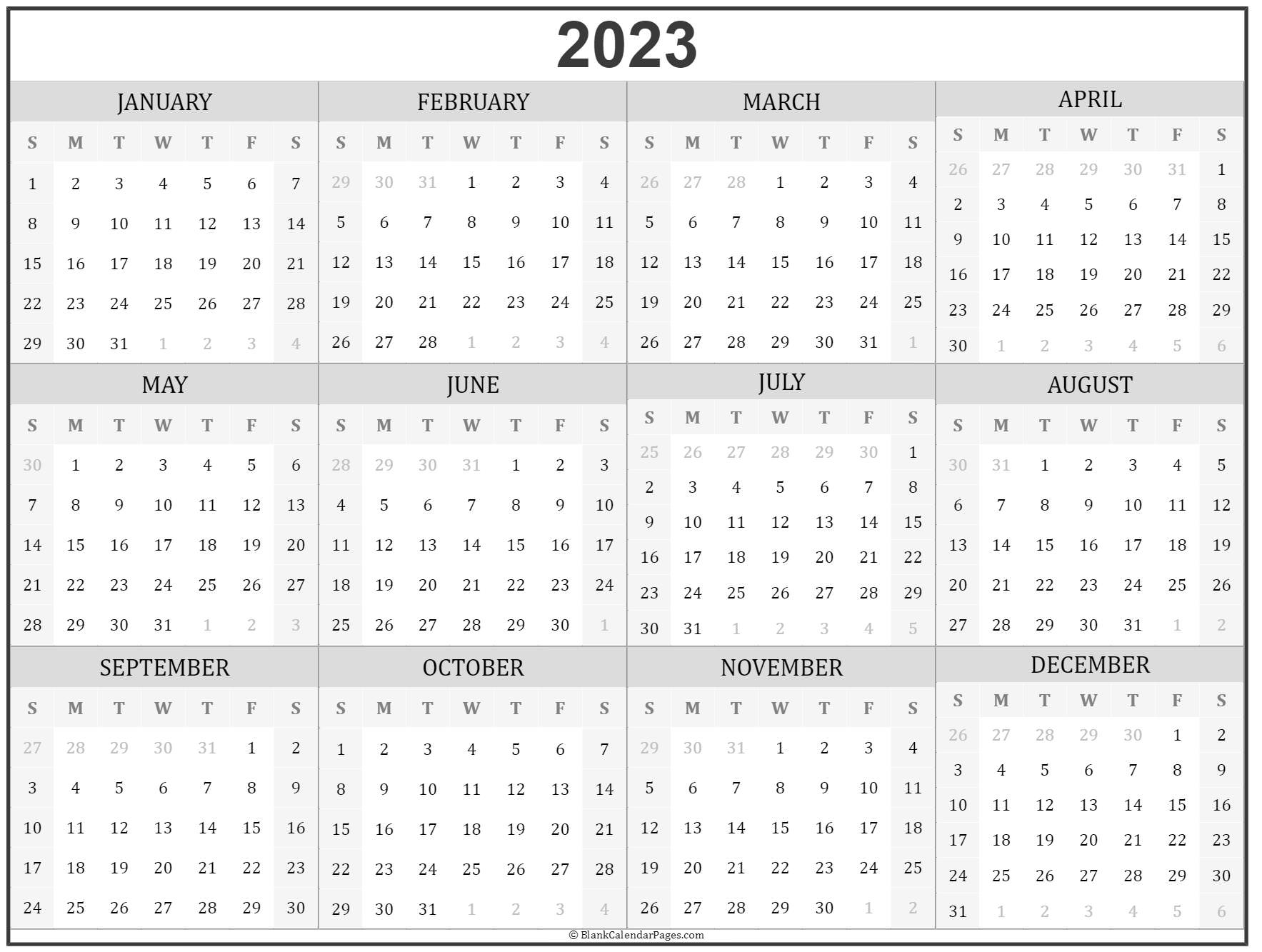 2023 Year Calendar Yearly Printable