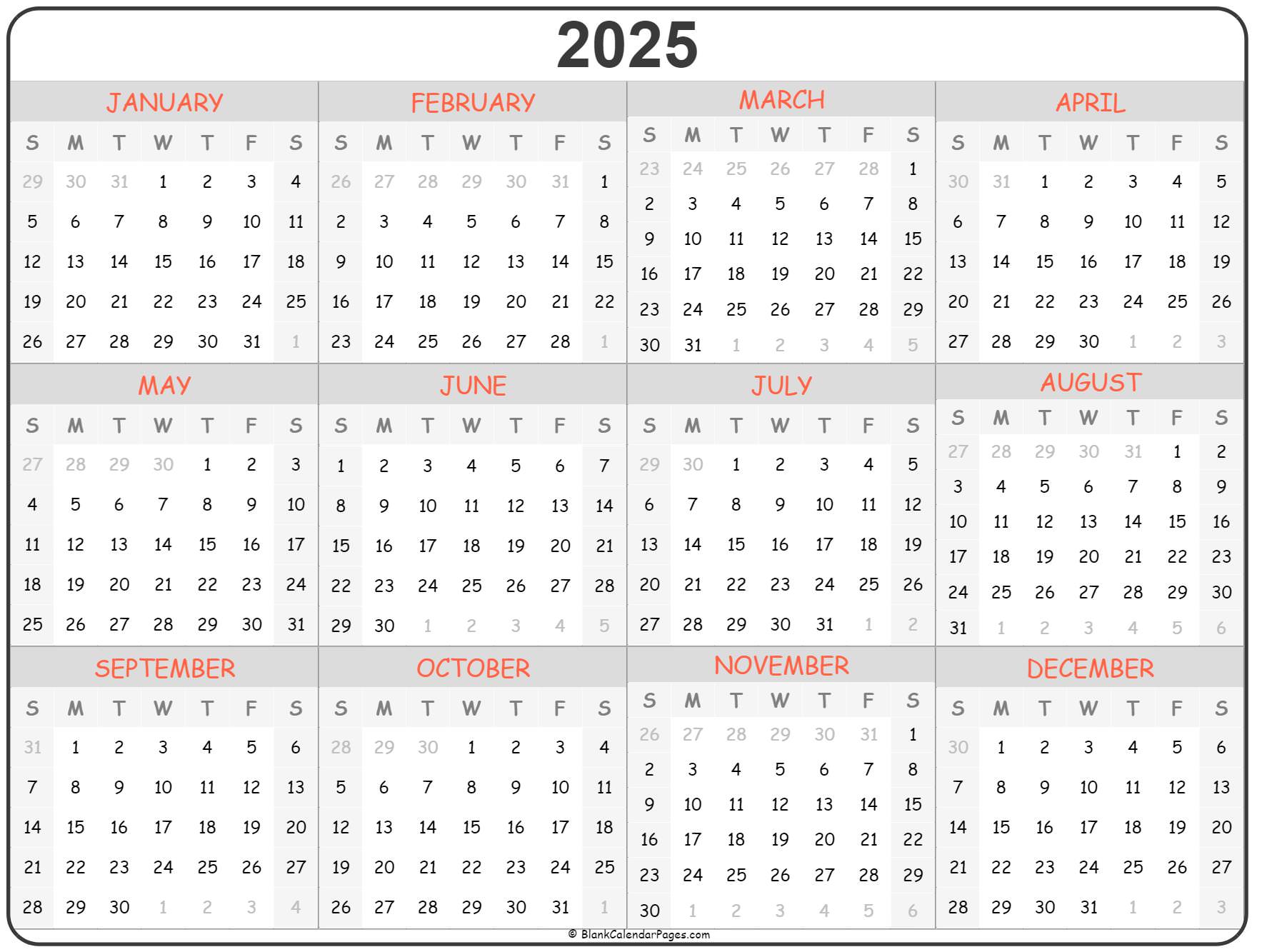 2025 Year Calendar Yearly Printable